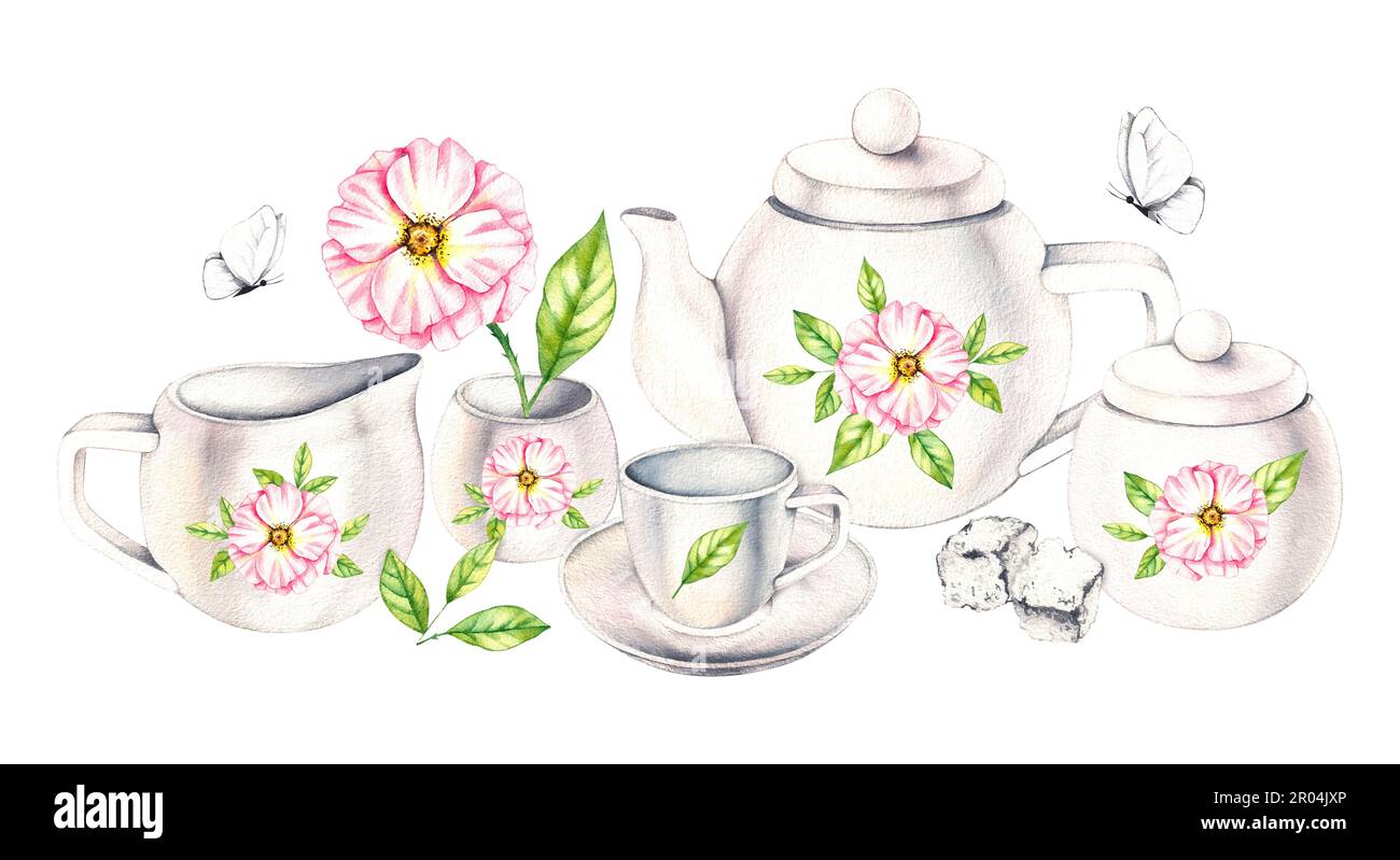 Watercolor composition of porcelain dishes, flowers, bouquets ...