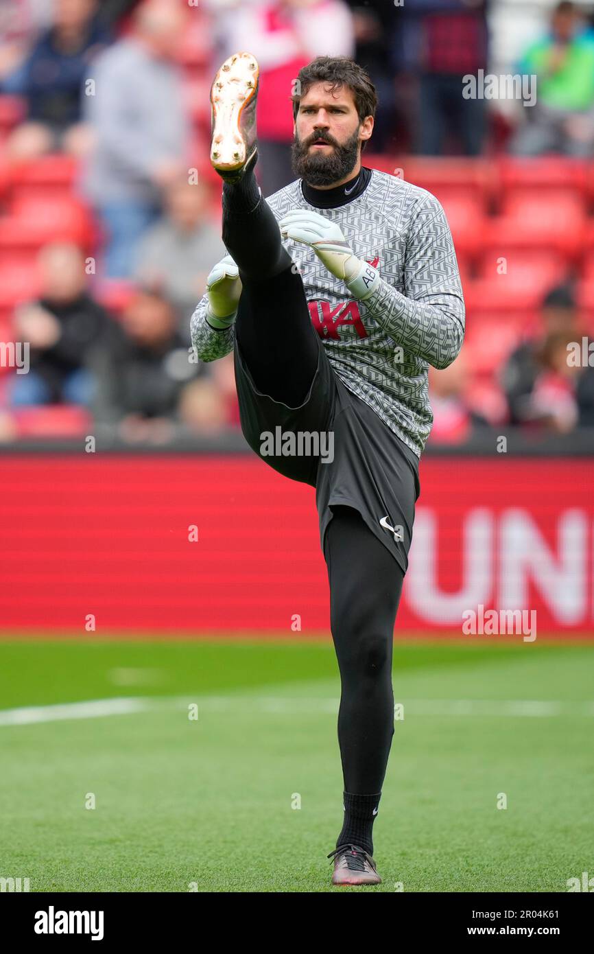Alisson Becker #1 of Liverpool warms up before the Premier League match ...