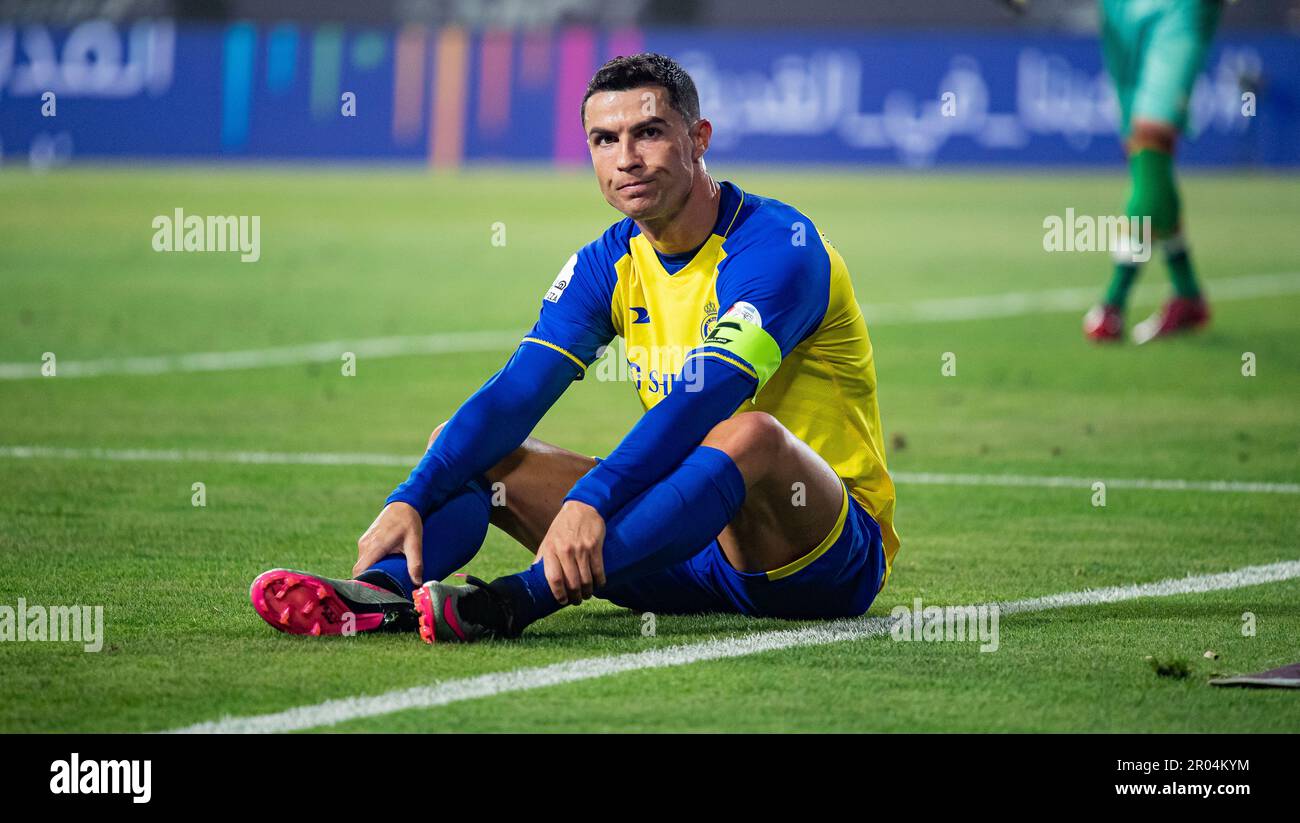 Cristiano Ronaldo of Al-Nassr FC gestures against Al-Raed FC during ...