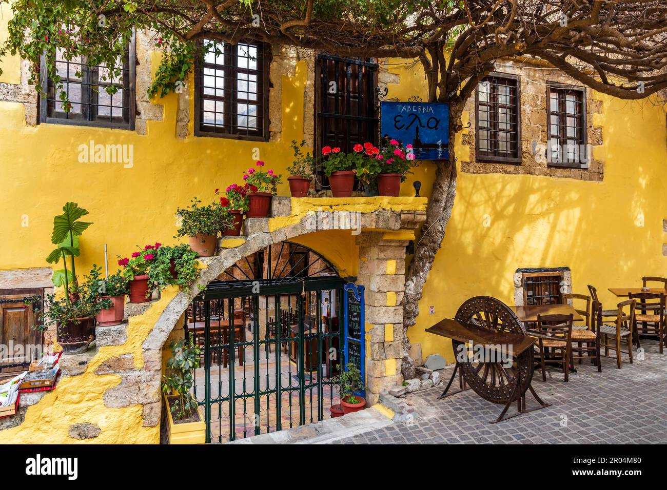 Colourful Taverna in the old town of Chania, Crete, Greece Stock Photo ...