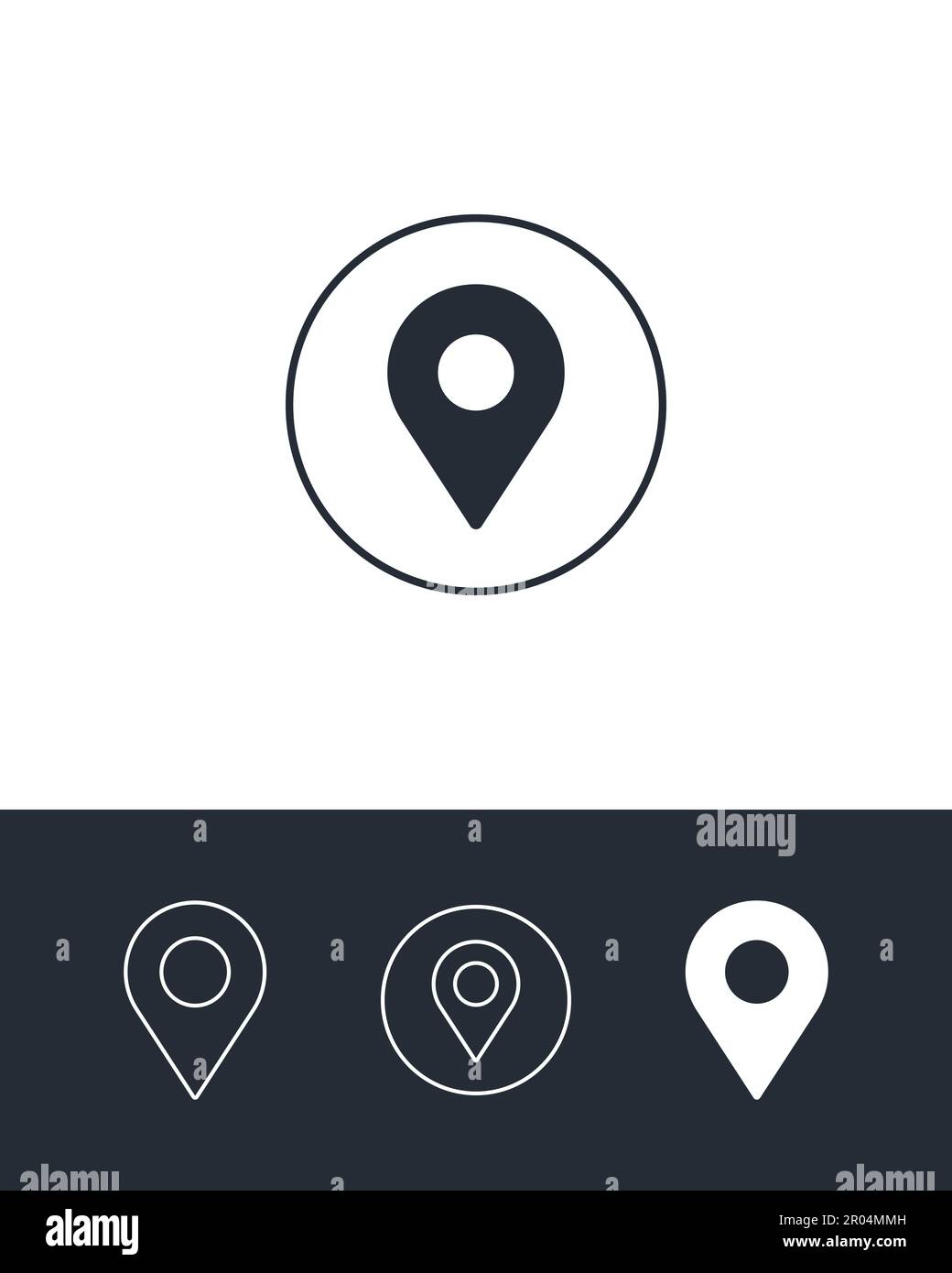Location flat icons. Map pin outline and solid symbols on black and ...