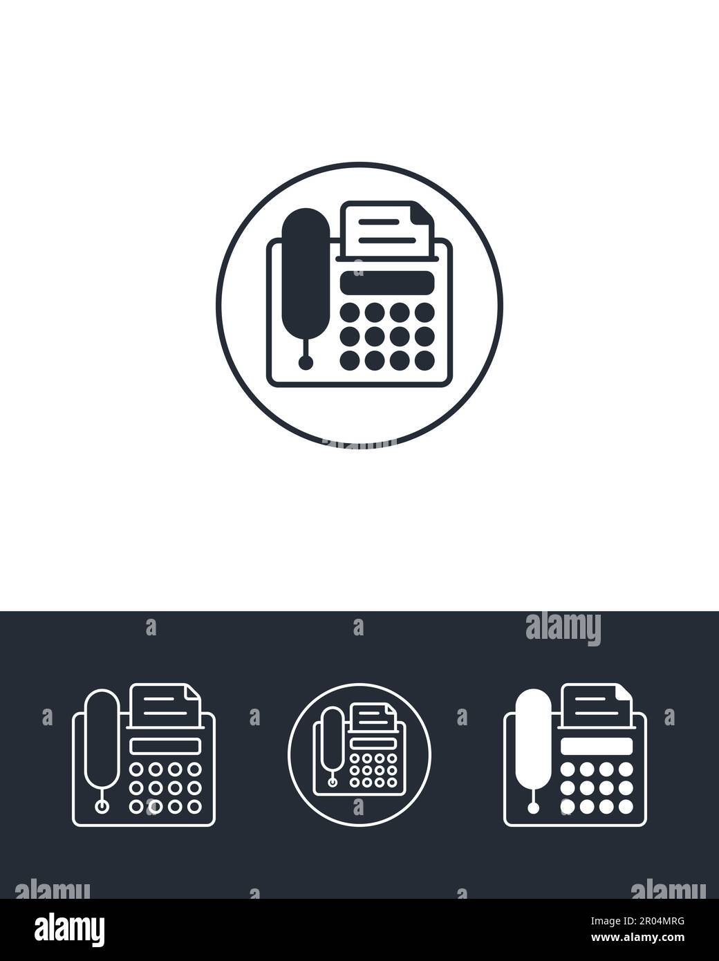 Fax outline and solid icons with telephone handset on black and white ...