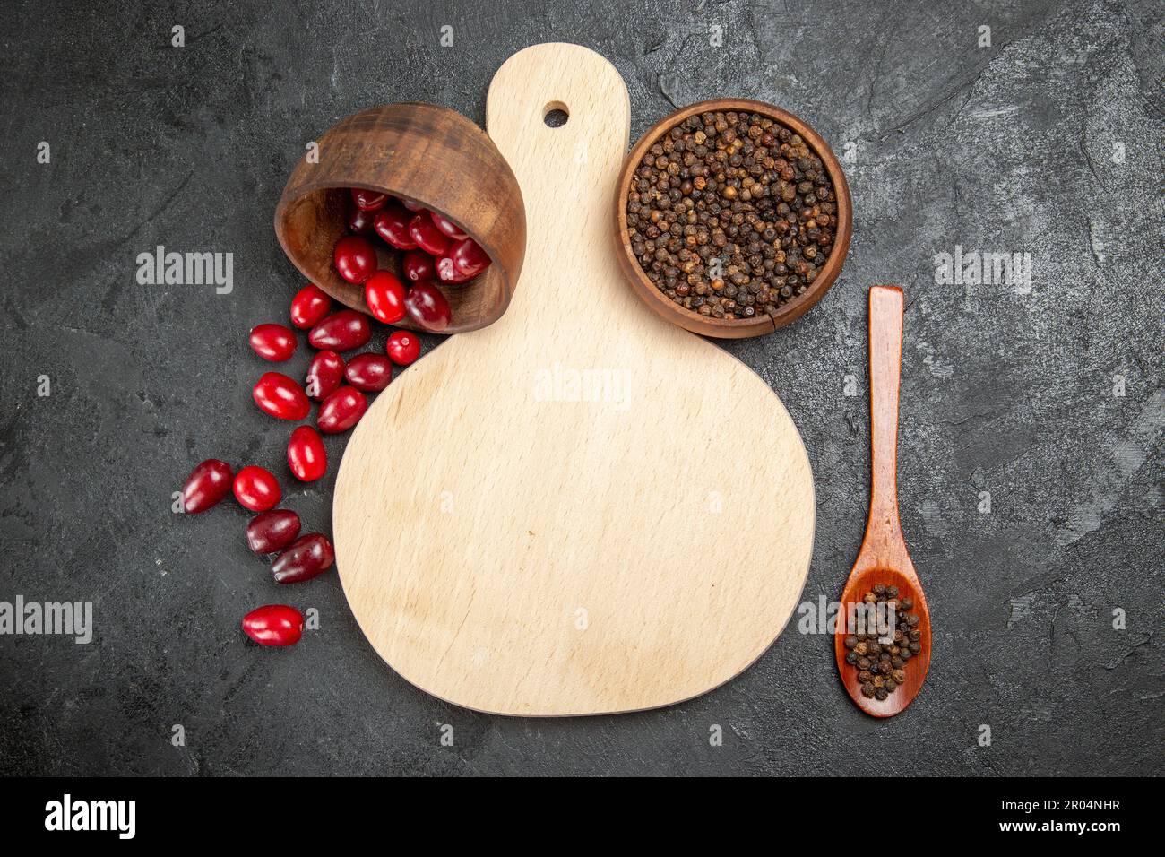 top view fresh red dogwoods on grey background fruit mellow tree fresh ...