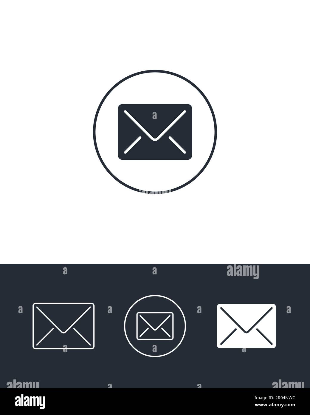 Mail outline and solid icons on black and white backgrounds. Message ...