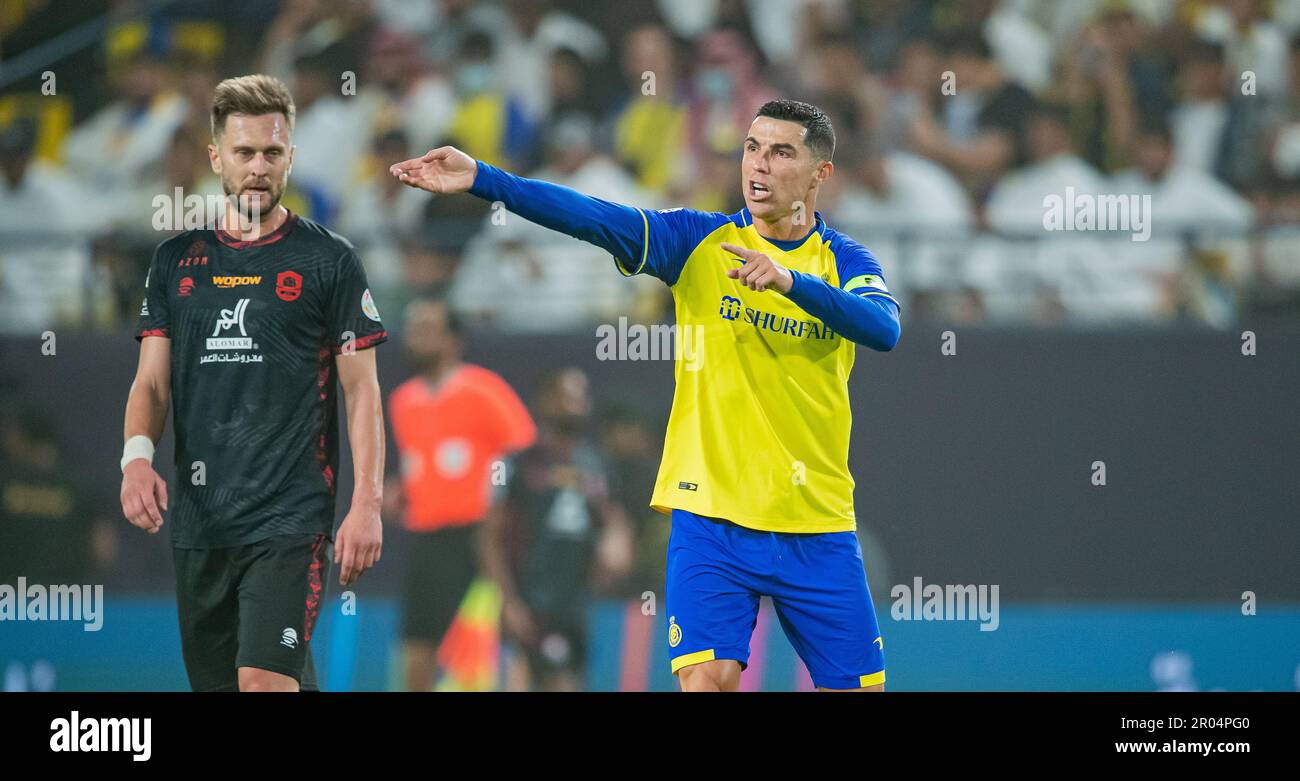 Cristiano Ronaldo of Al-Nassr FC gestures against Al-Raed FC during ...