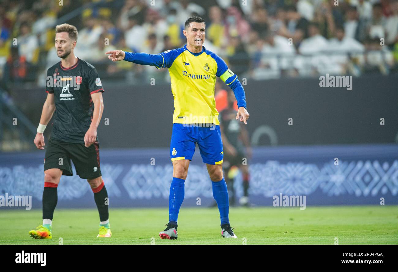 Cristiano Ronaldo of Al-Nassr FC gestures against Al-Raed FC during ...