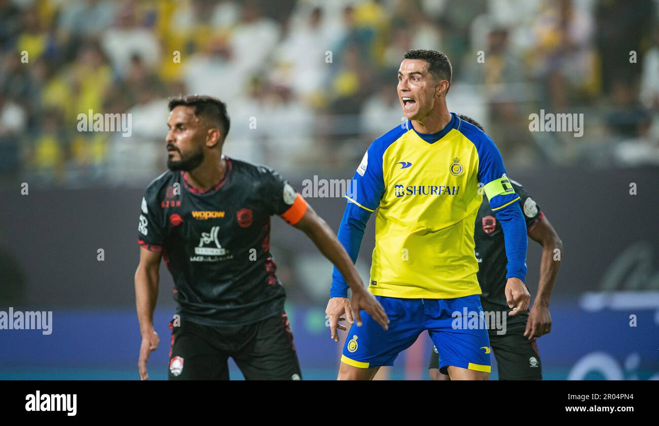 Cristiano Ronaldo of Al-Nassr FC gestures against Al-Raed FC during ...