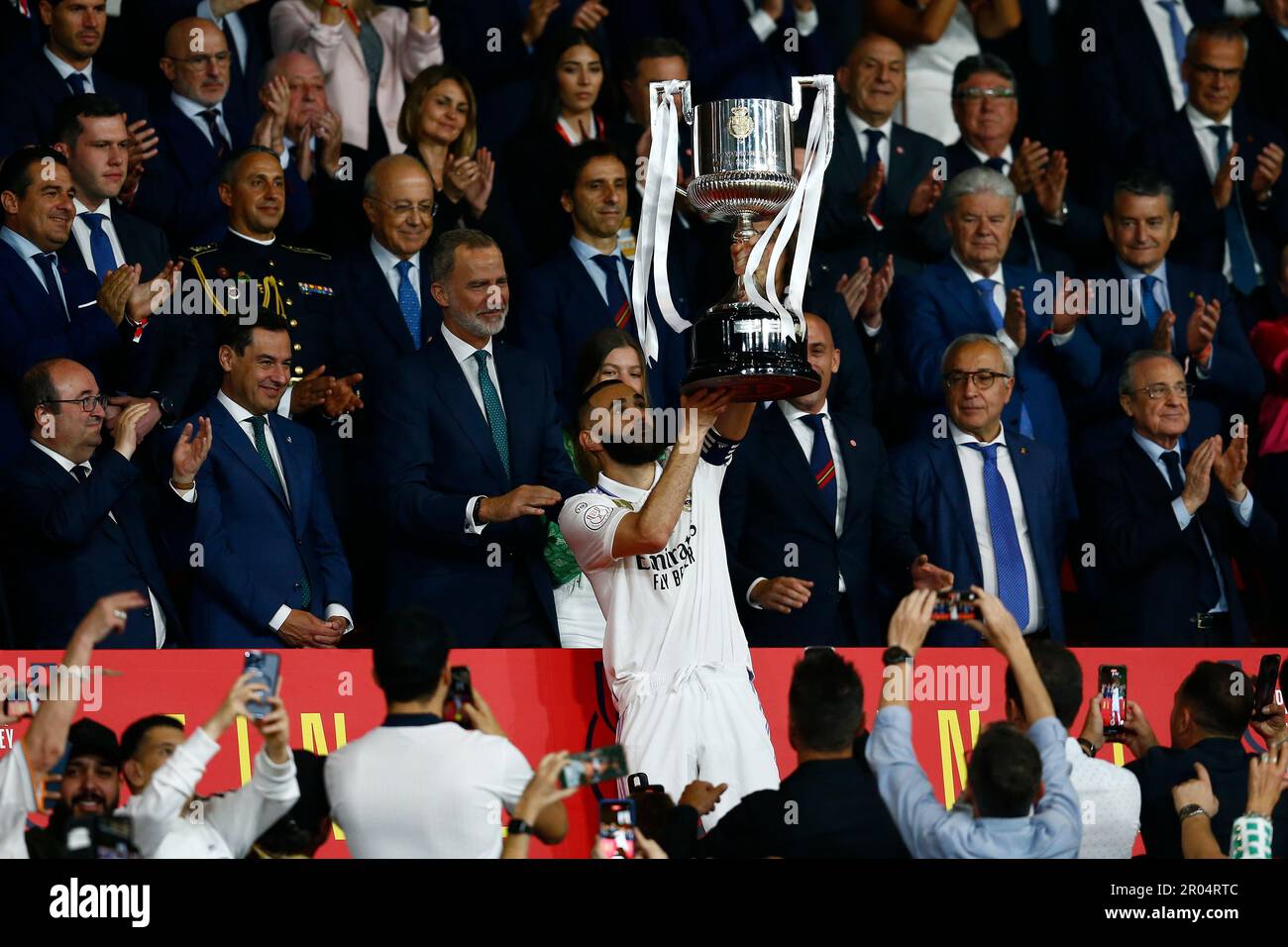 Karim Benzema of Real Madrid with the Copa del Rey Trophy during the ...