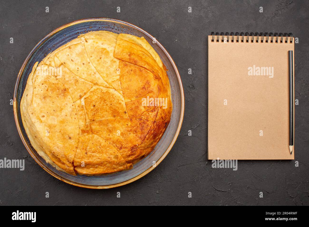 top view tasty shakh plov cooked rice inside round dough on grey ...