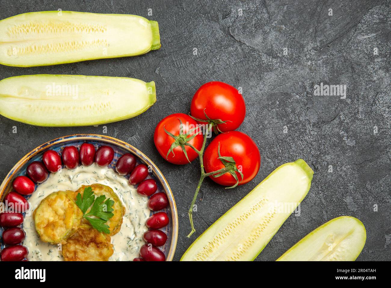 top view tasty squash meal with dogwoods and fresh squashes on grey ...