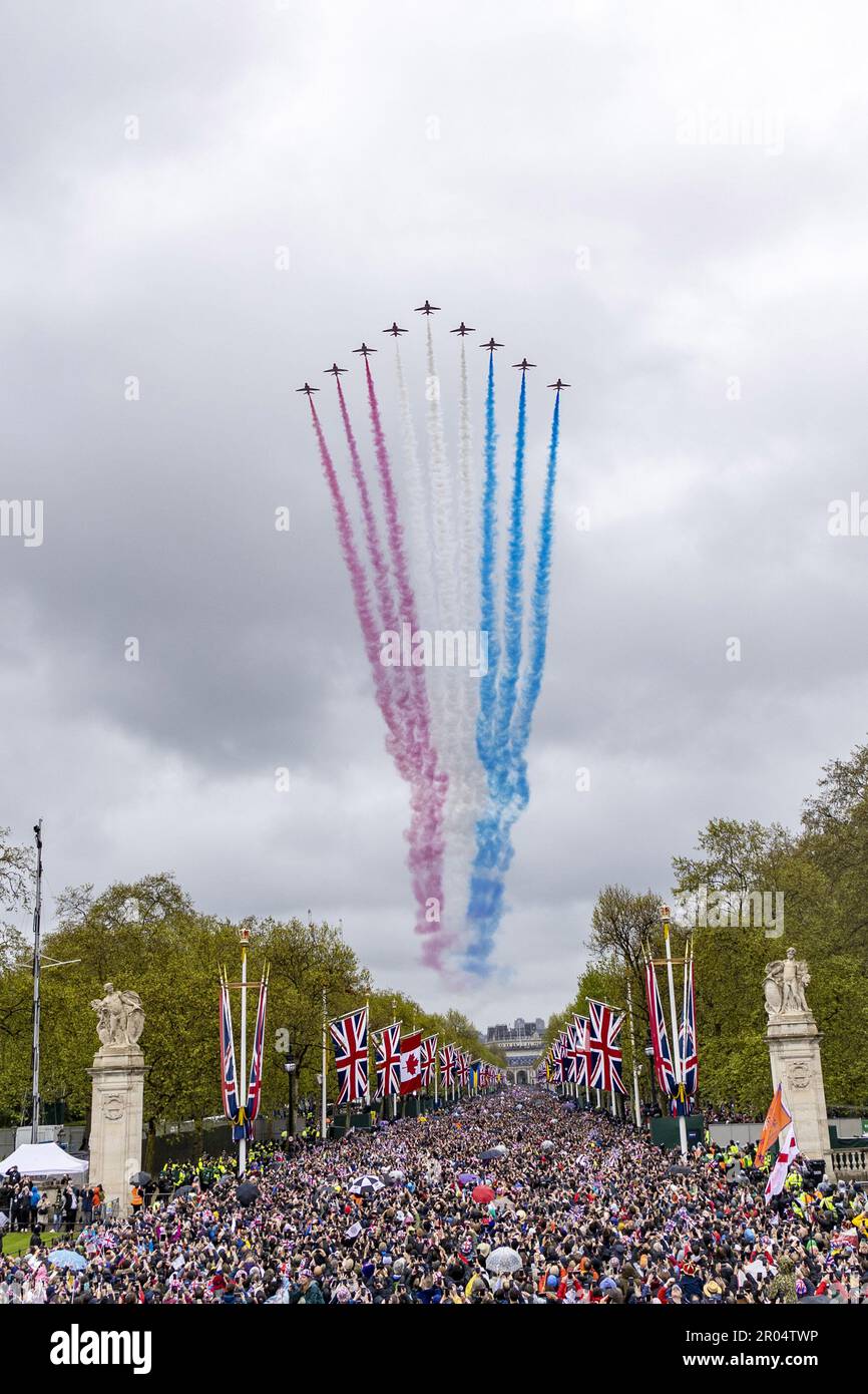 The Red Arrows fly over London, following King Charles III and Queen ...