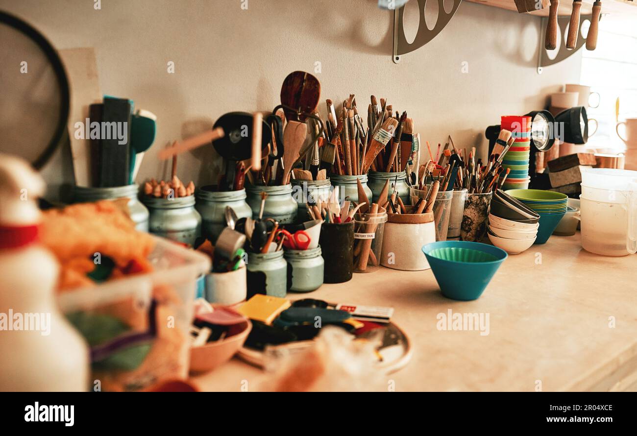 Every potter needs them. Closeup shot of work tools in a pottery ...
