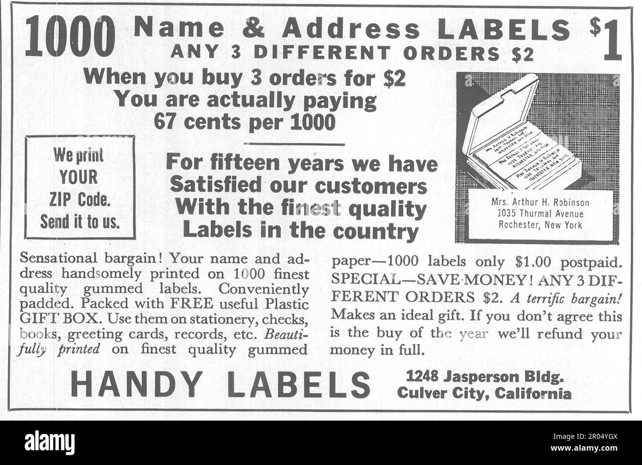 Handy labels prints printed address advert in a Journal magazine, 1965 ...