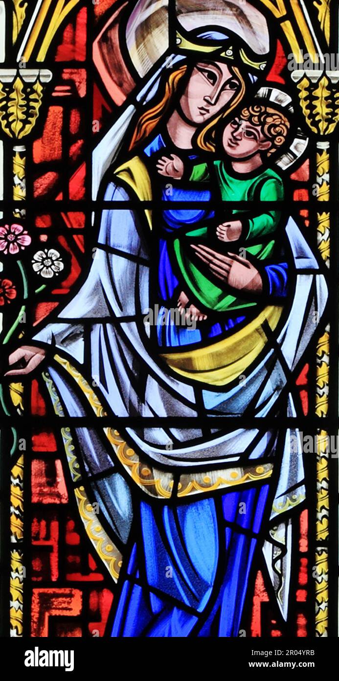 Mary and Jesus, Madonna and Child, stained glass window, 20th century ...