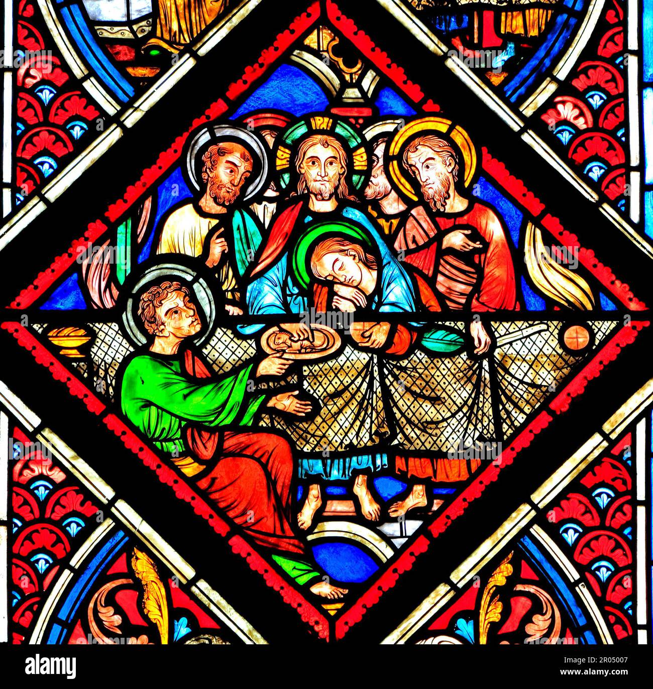 The Passion Window, Last Supper, St. John the Evangelist leans his head ...