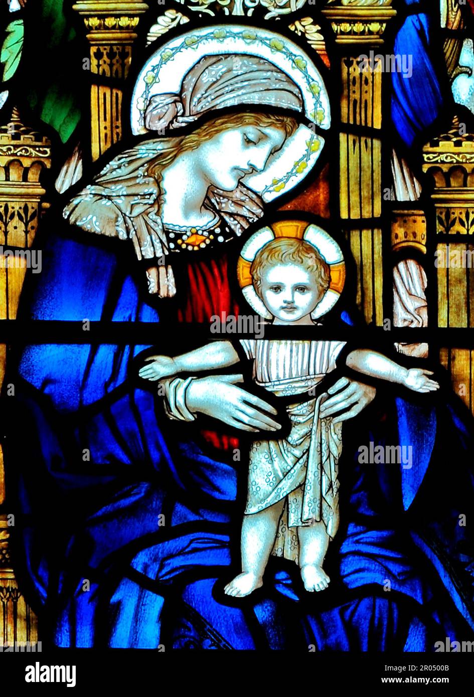 Virgin Mary and baby Jesus, stained glass window, 1895, Blakeney Church ...