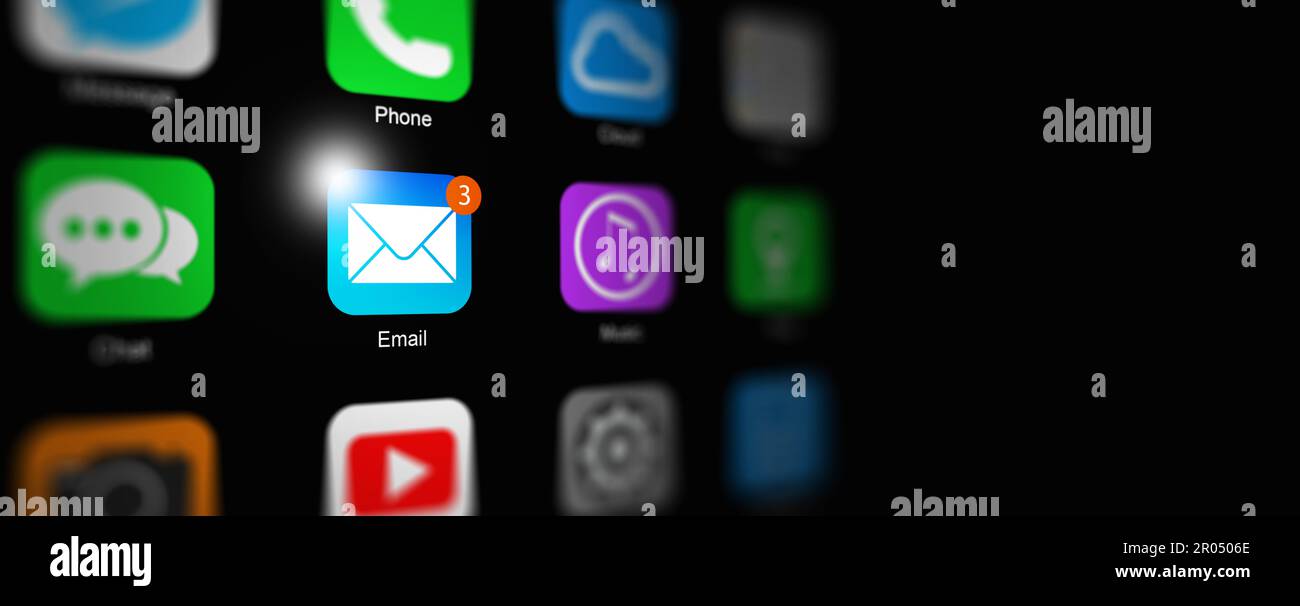 Email Concept: Focus on Email App Icon among Many Icons on Screen with ...