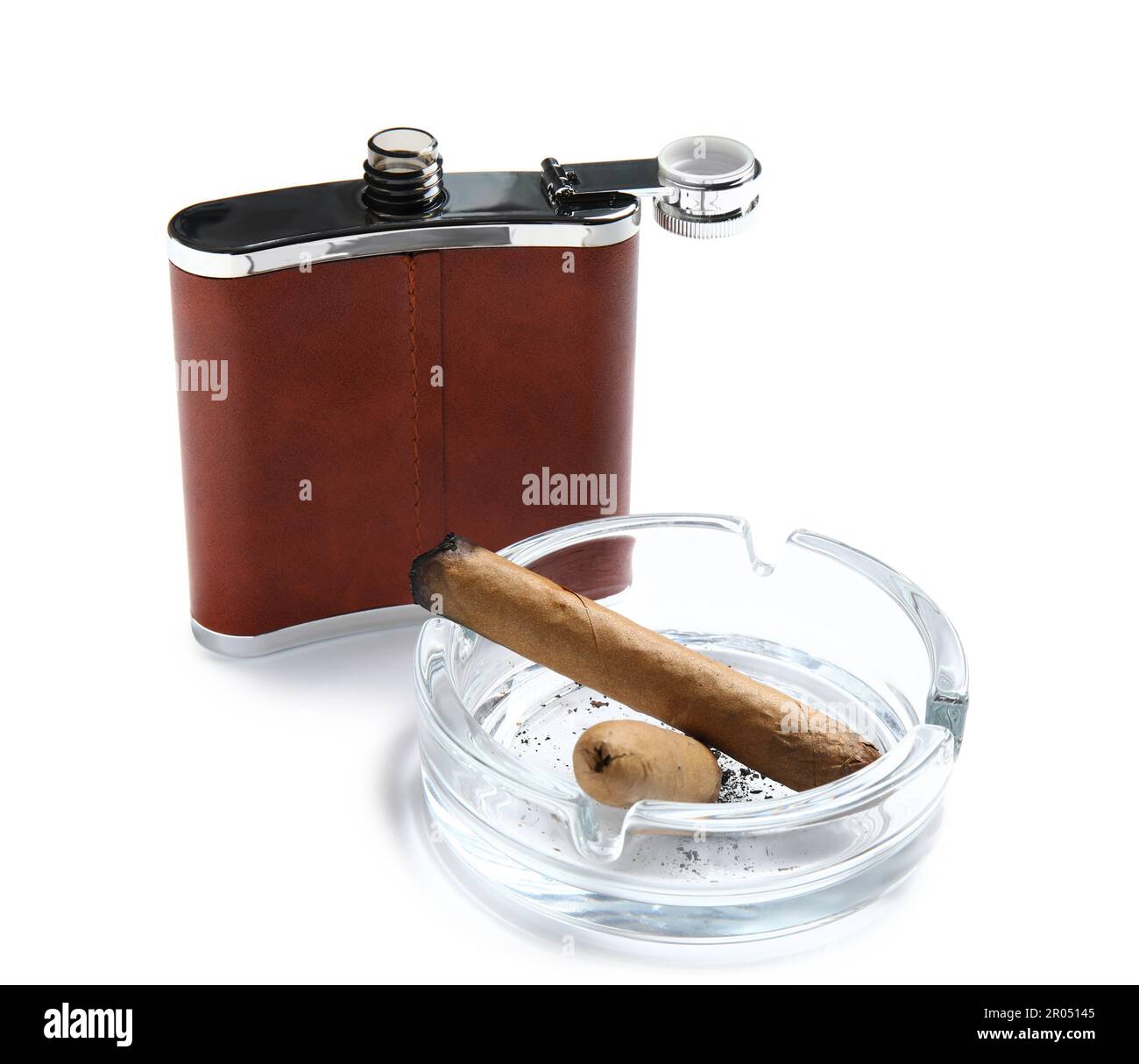 New hip flask and ash tray with cigars isolated on white background ...