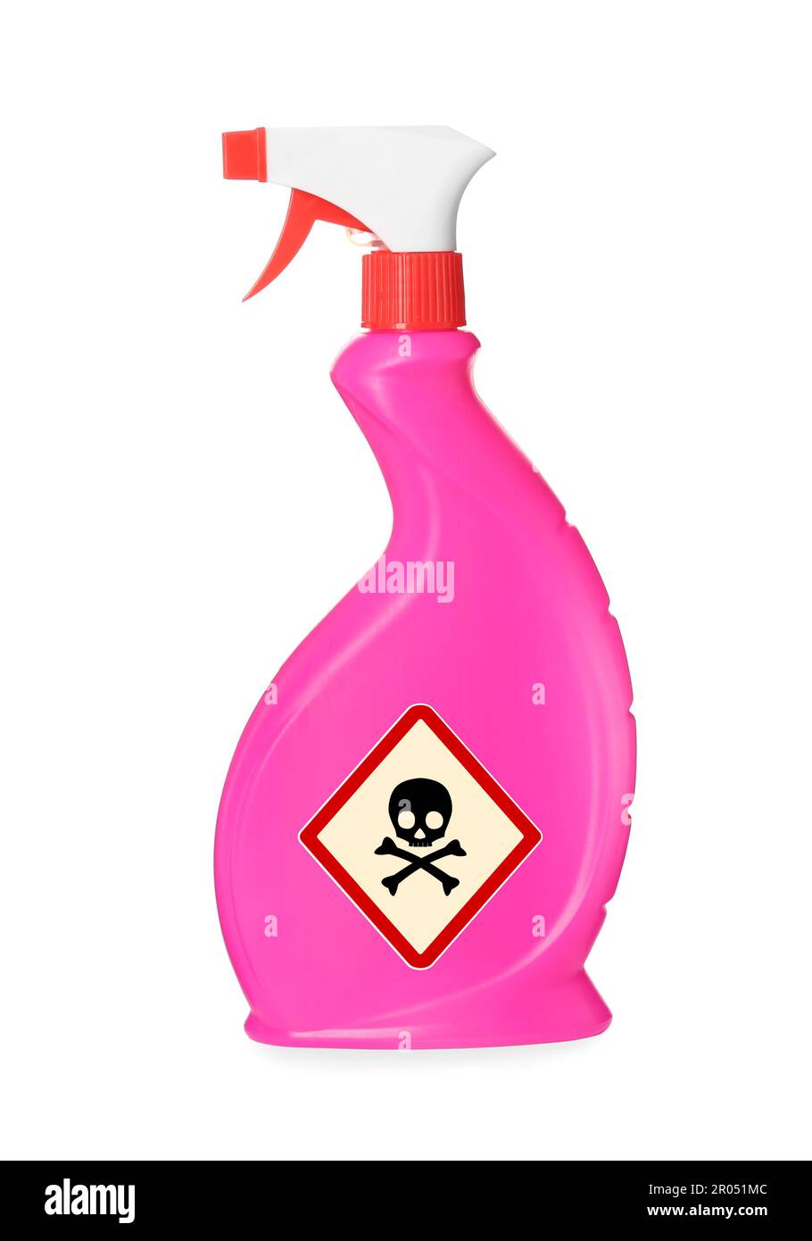 Bottle of toxic household chemical with warning sign on white ...