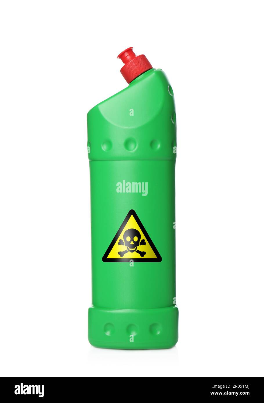 Bottle of toxic household chemical with warning sign on white ...