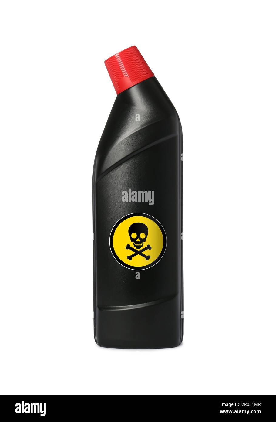 Bottle of toxic household chemical with warning sign on white ...