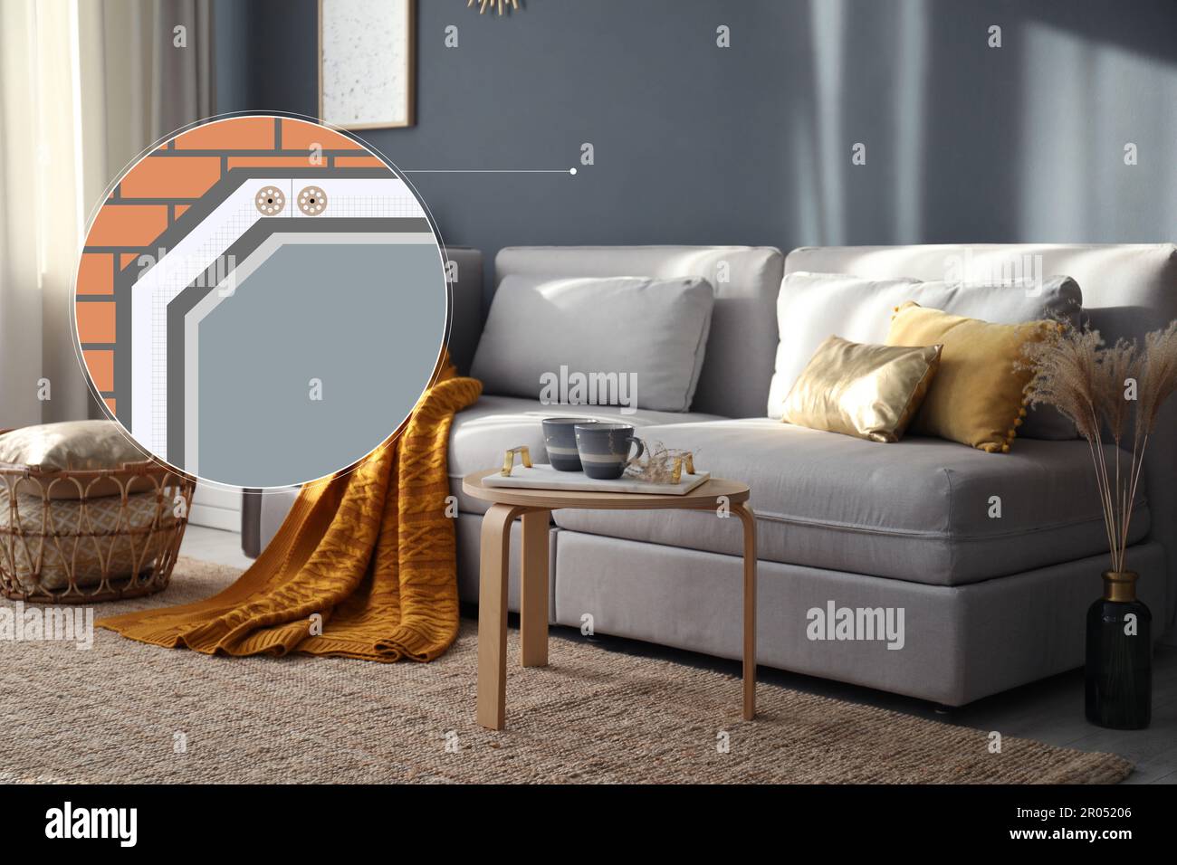 Layered scheme of wall insulation and stylish room interior Stock Photo ...