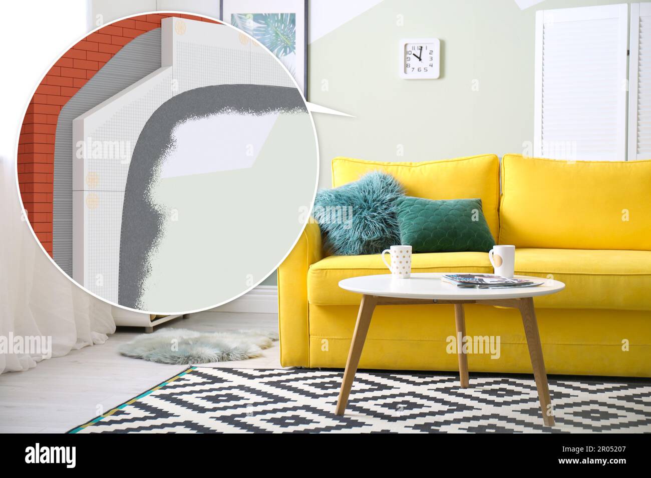 Layered scheme of wall insulation and stylish room interior Stock Photo ...