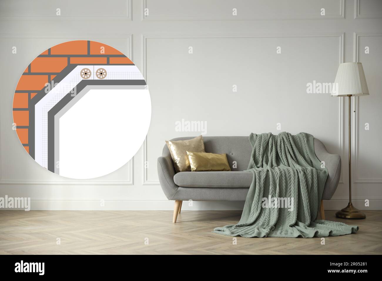 Layered scheme of wall insulation and stylish room interior Stock Photo ...
