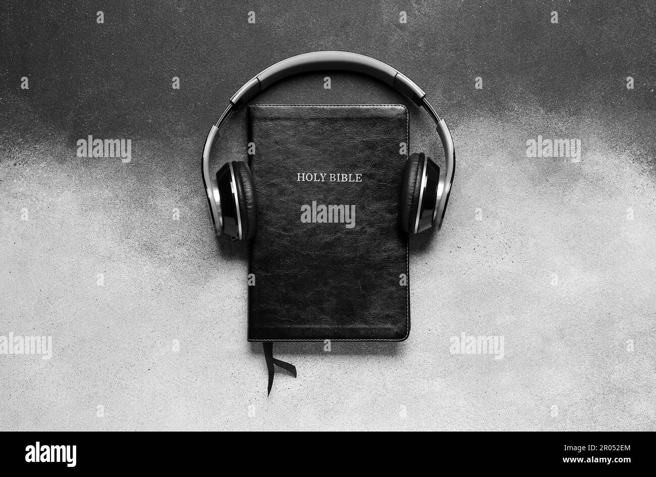 Holy Bible with headphones on grunge background Stock Photo - Alamy