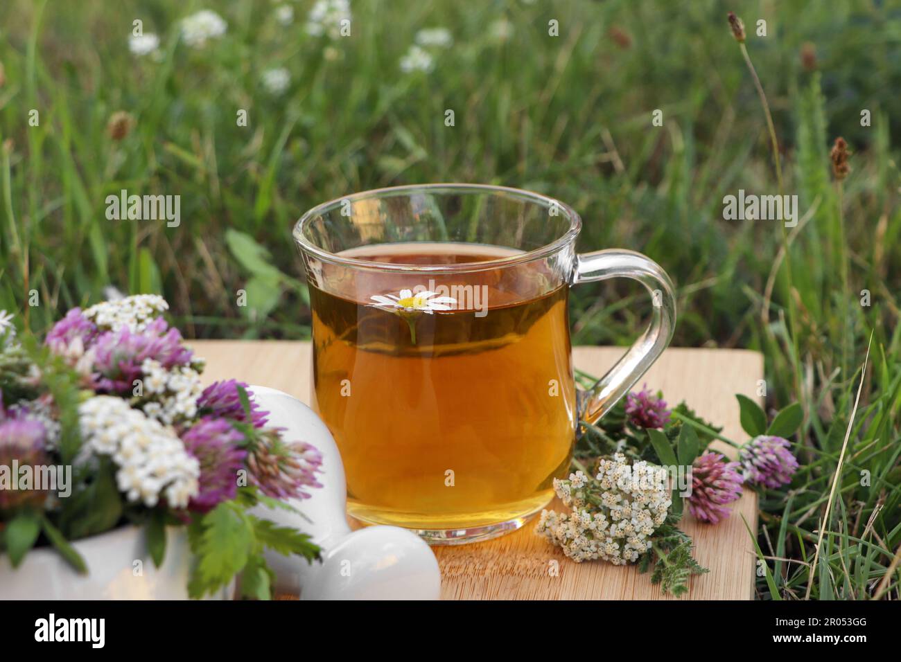 Cup of aromatic herbal tea, pestle and ceramic mortar with different ...
