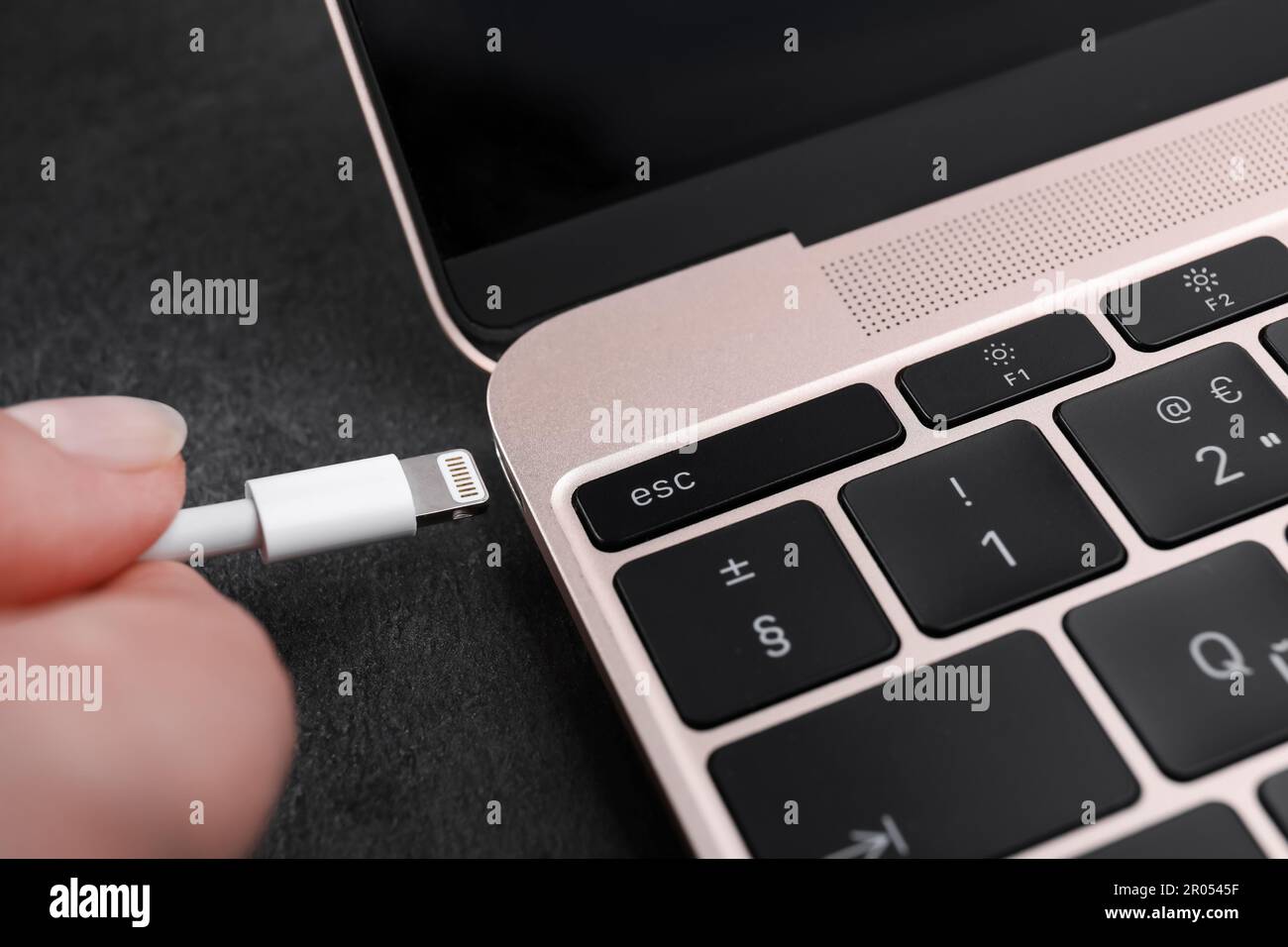 Woman plugging USB cable with lightning connector into laptop port on ...