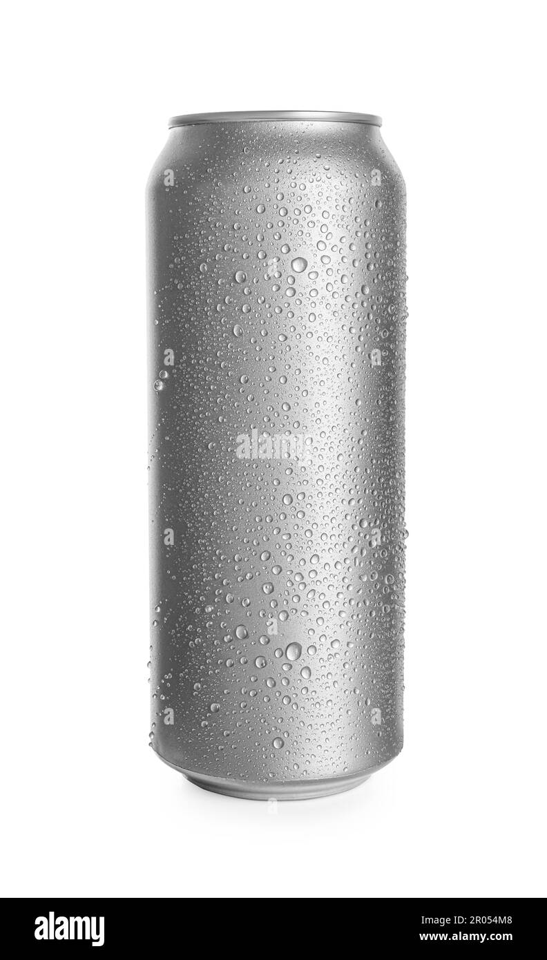 Gray aluminum can with water drops isolated on white. Mockup for design ...