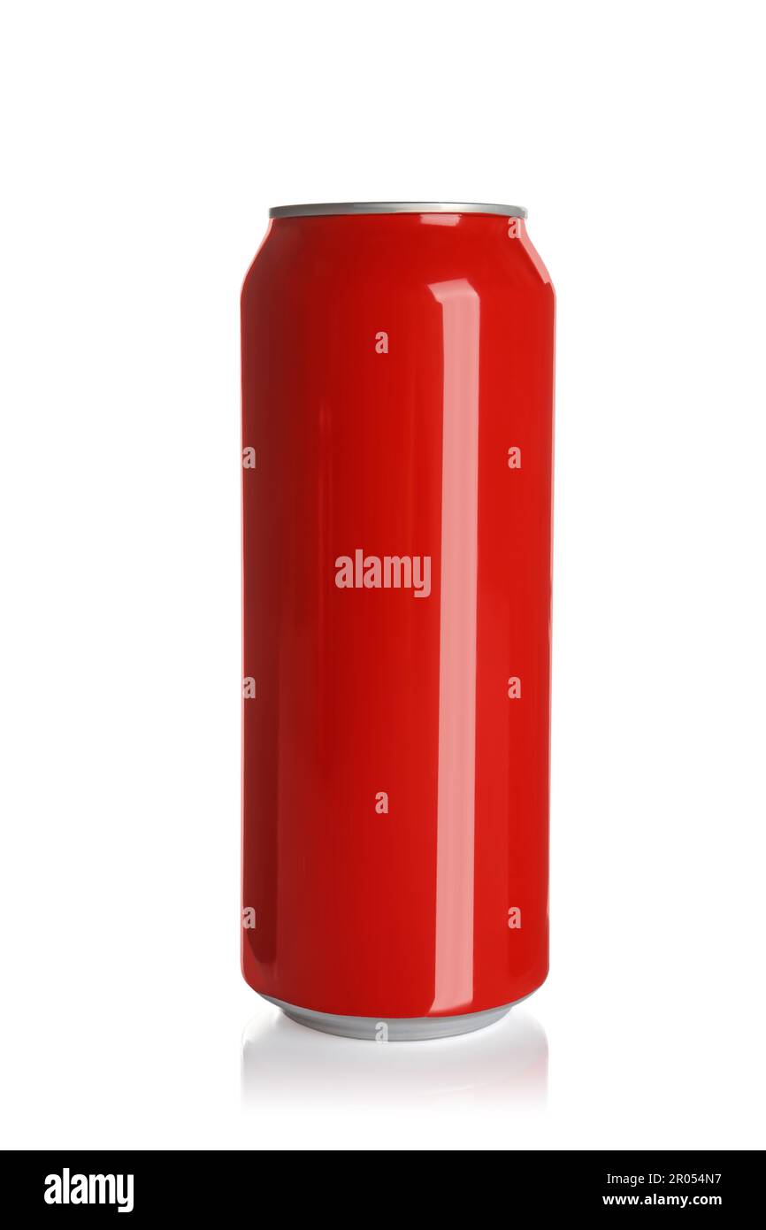 Red aluminum can with drink isolated on white Stock Photo - Alamy