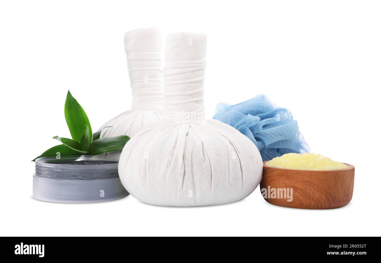 Herbal massage bags, sea salt, cosmetic product on white background ...