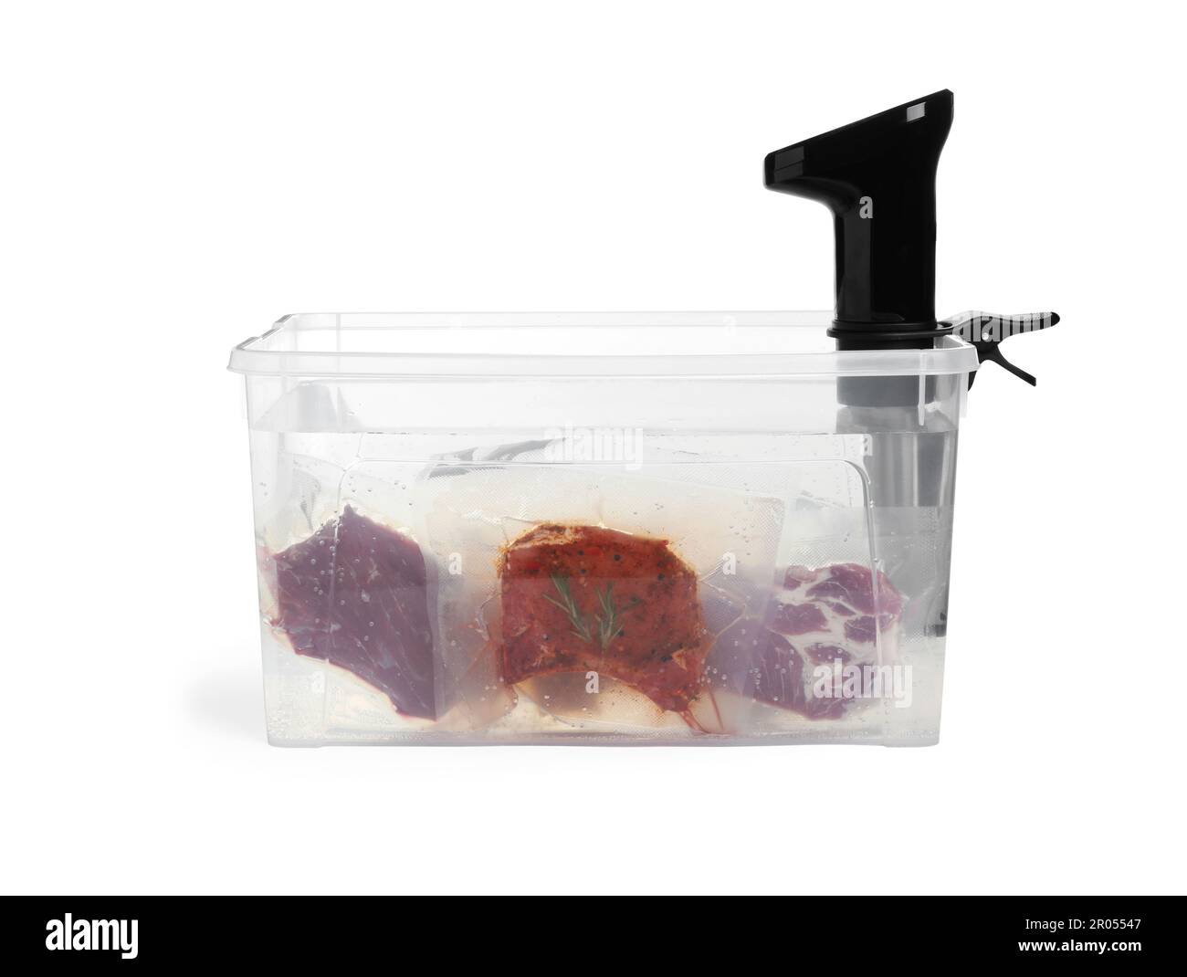 Thermal immersion circulator and meat in box on white background ...
