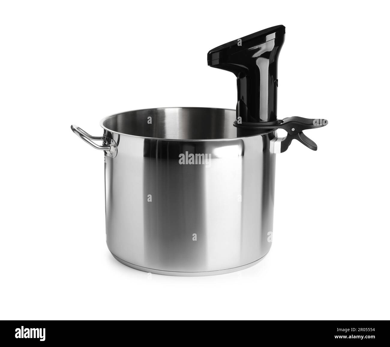 Thermal immersion circulator in pot isolated on white. Sous vide cooker ...