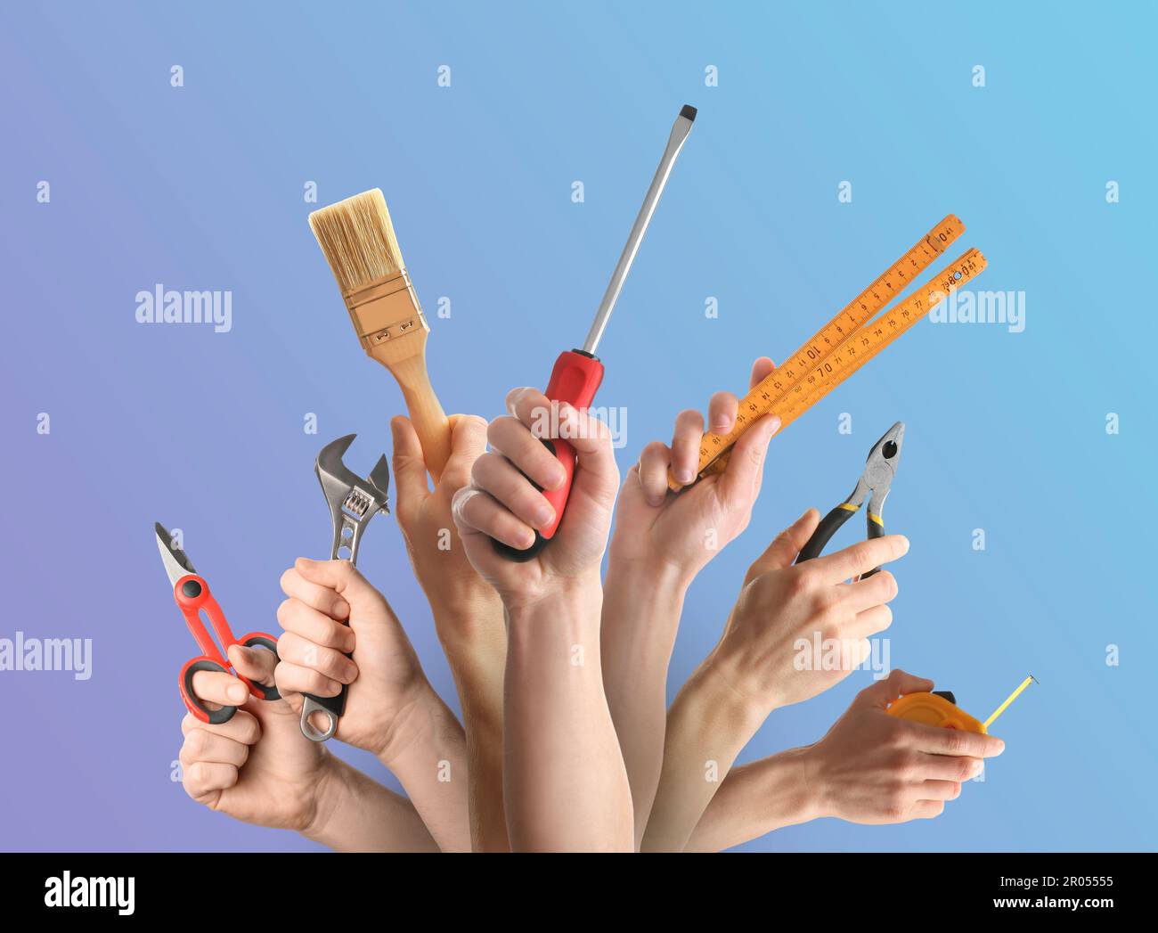 Collage with photos of men holding different construction tools on ...