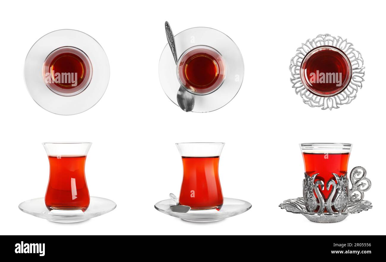 Set with glasses of traditional Turkish tea on white background. Banner ...