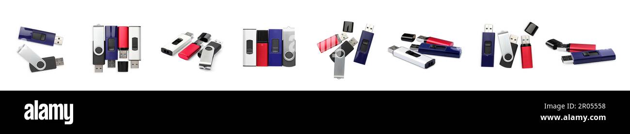 Set with modern usb flash drives on white background. Banner design ...