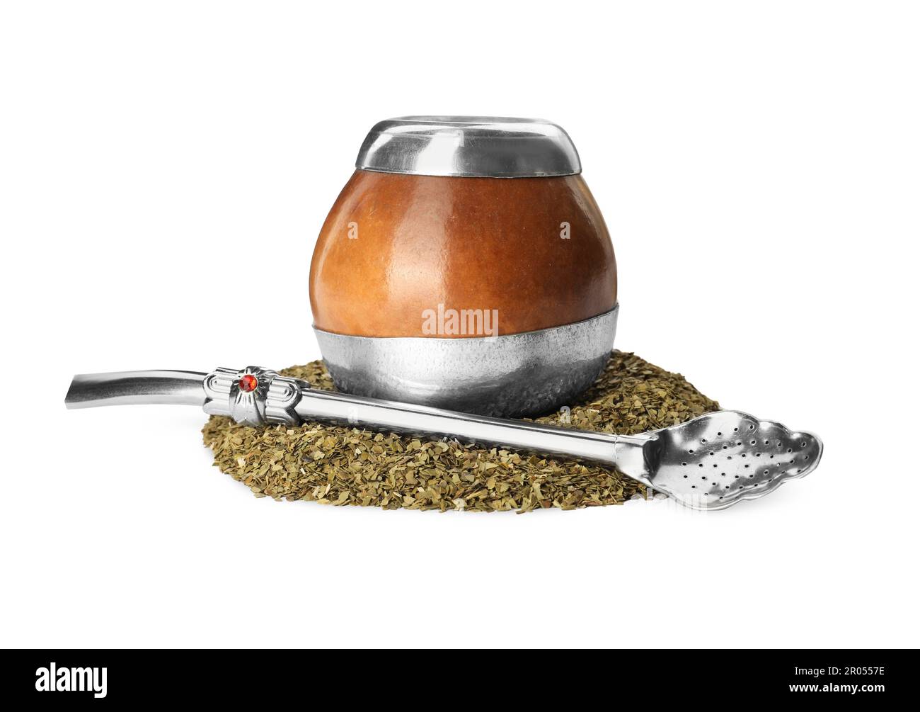 Calabash with mate tea and bombilla on white background Stock Photo - Alamy