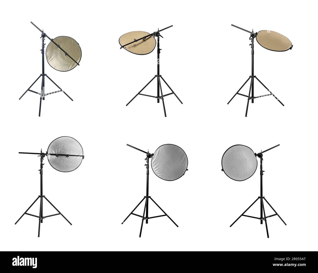 Set of tripods with different reflectors on white background ...