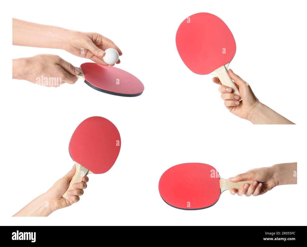 Collage with photos of women holding ping pong rackets and ball on ...