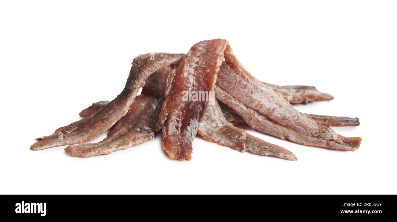 Heap of delicious anchovy fillets on white background Stock Photo - Alamy
