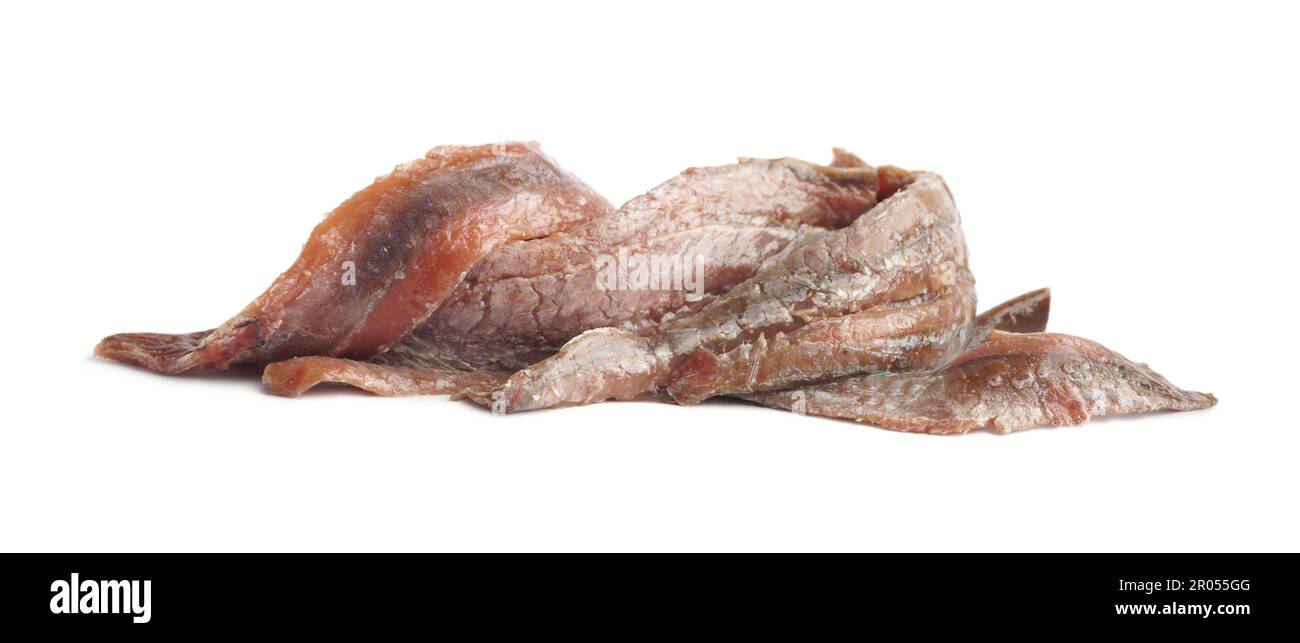 Heap of delicious anchovy fillets on white background Stock Photo - Alamy