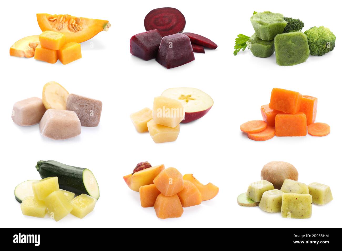 Set with frozen puree cubes and ingredients on white background Stock ...