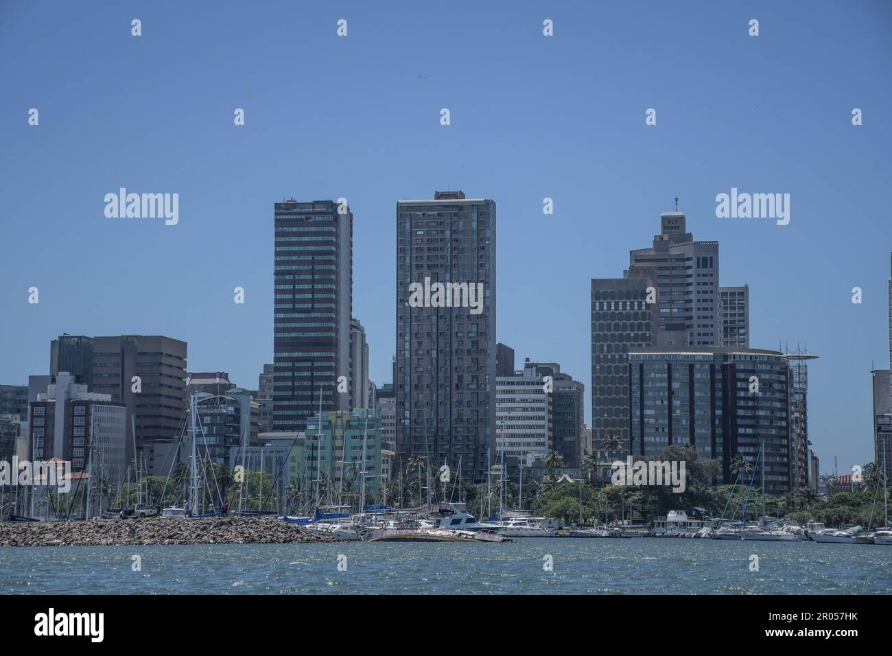 Durban skyline building and tower taken from Indian ocean South Africa ...