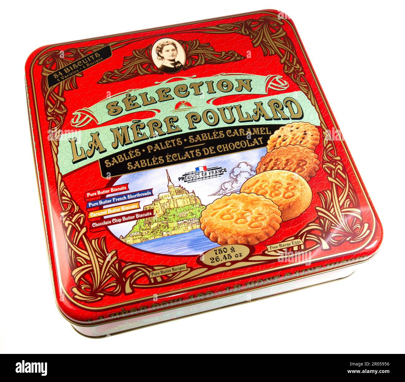 Vintage biscuit tin box for La Mere Poulard with an image of Mont Saint ...