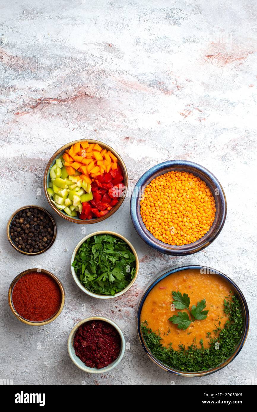 top view bean soup called merci with seasonings on white background ...