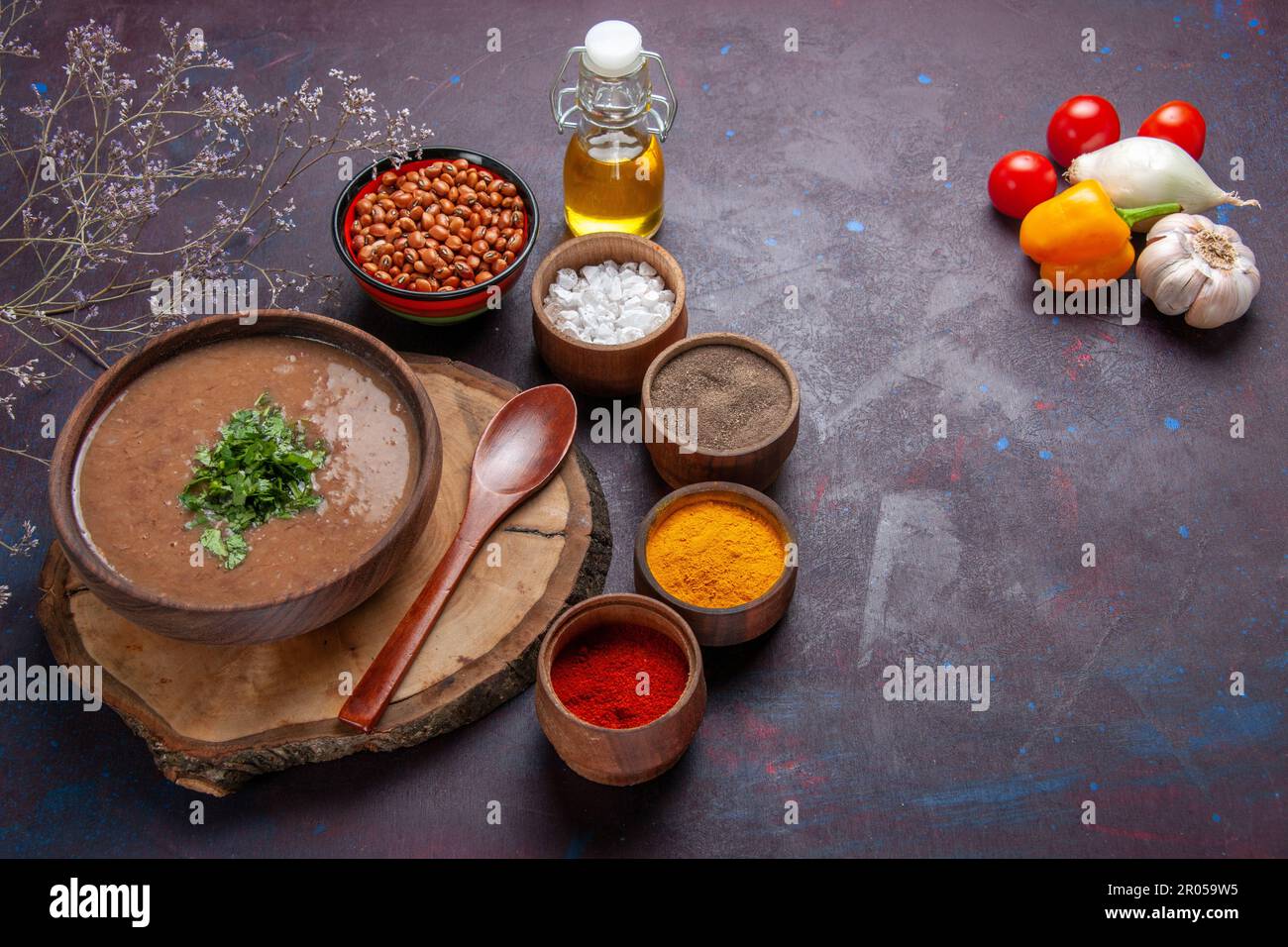 top view brown bean soup delicious cooked soup with different ...