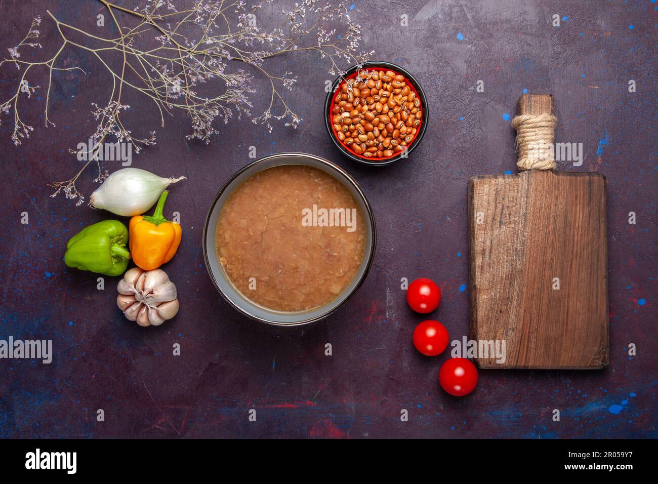 top view brown bean soup with vegetables on dark background vegetable ...
